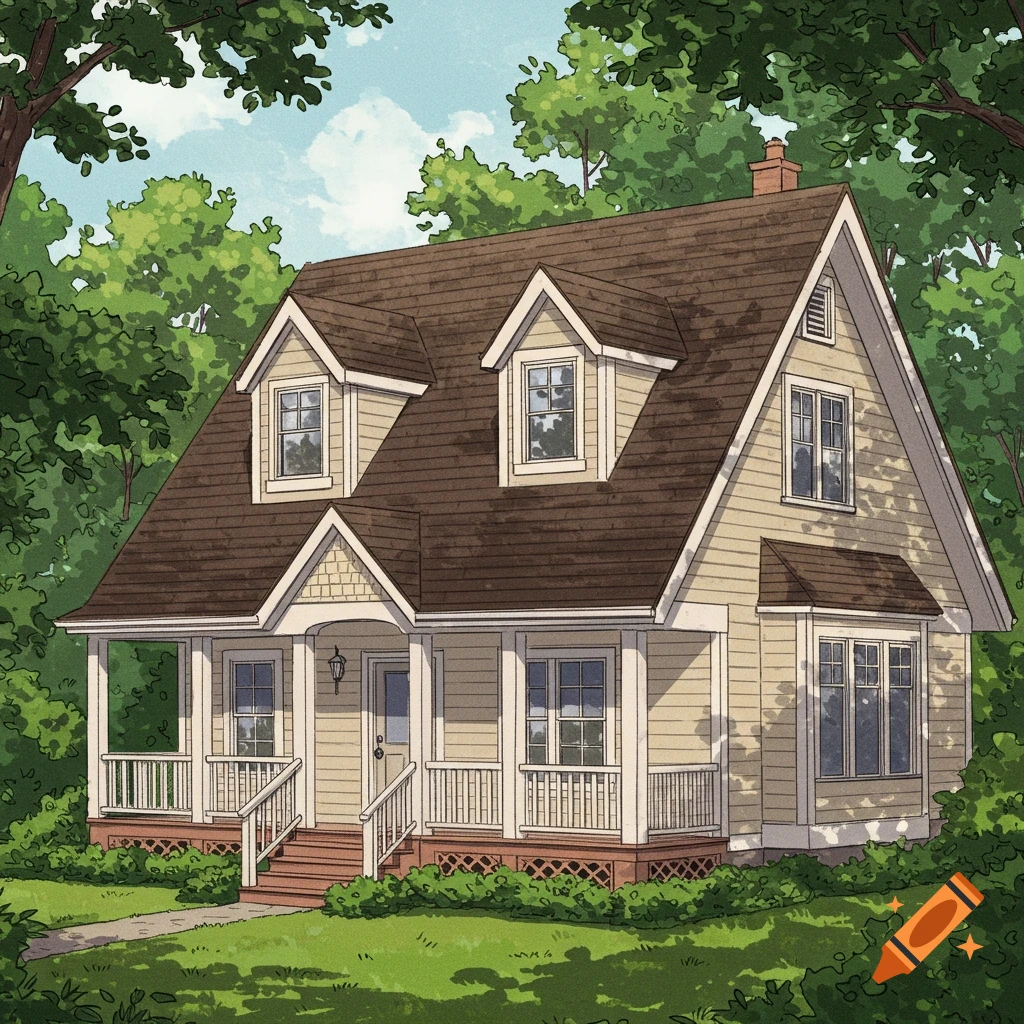 Two-story cottage-style house with dormers on Craiyon