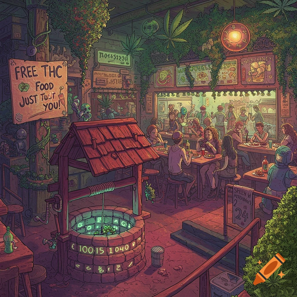 Cannabis-themed restaurant with wishing well and menu offering free THC ...