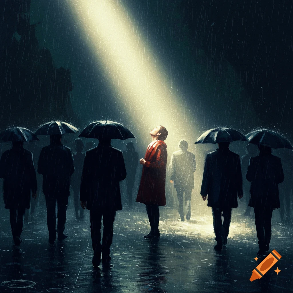 Rainy day scene with people walking and one person tasting the rain on ...