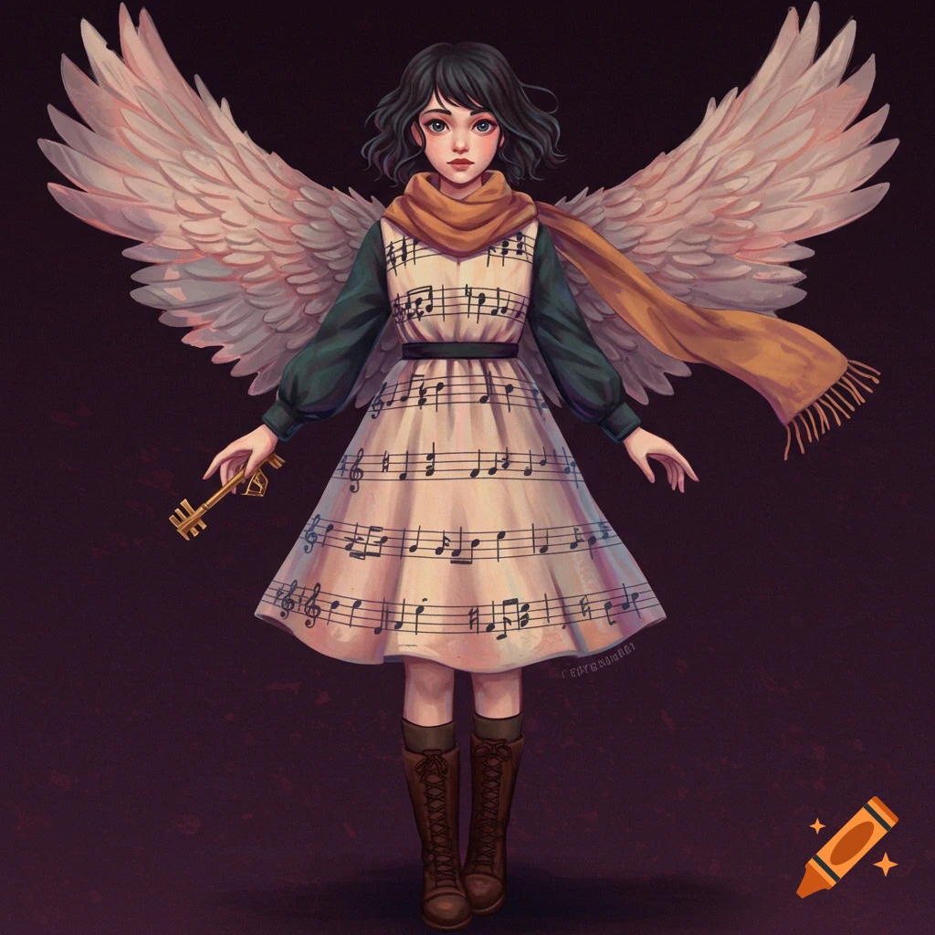 Girl in dress with musical note pattern and scarf on Craiyon