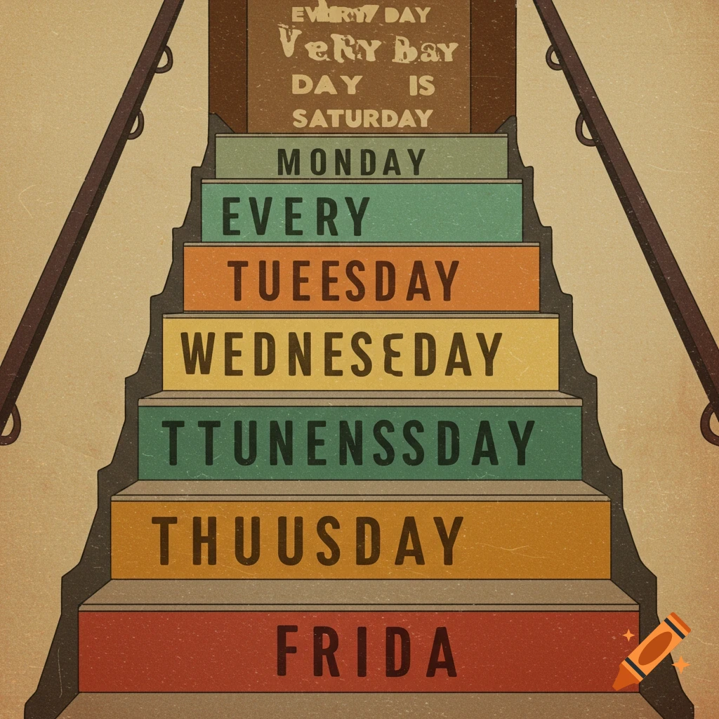 A retro-style album cover featuring a colorful staircase labeled with ...