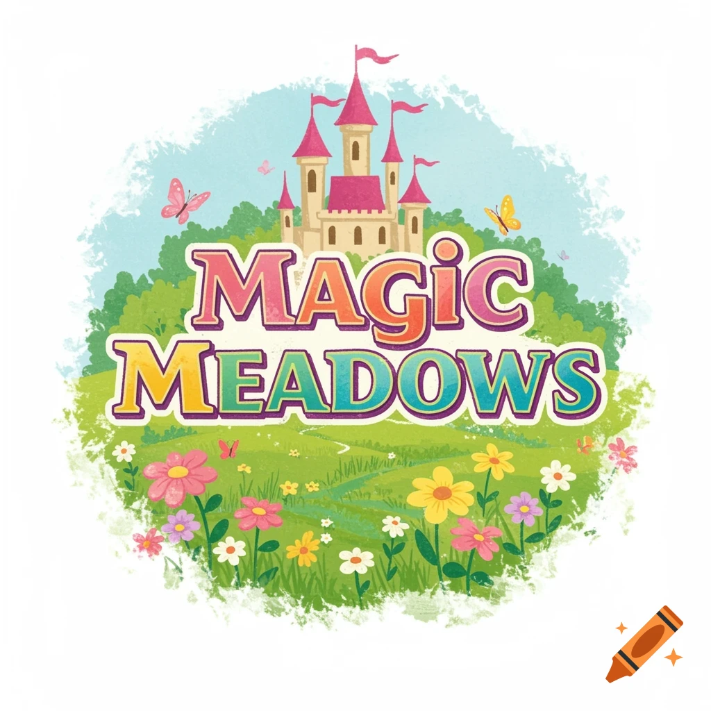 Cartoon illustration of a pink castle in a meadow with flowers and butterflies, text says 'Magic ...