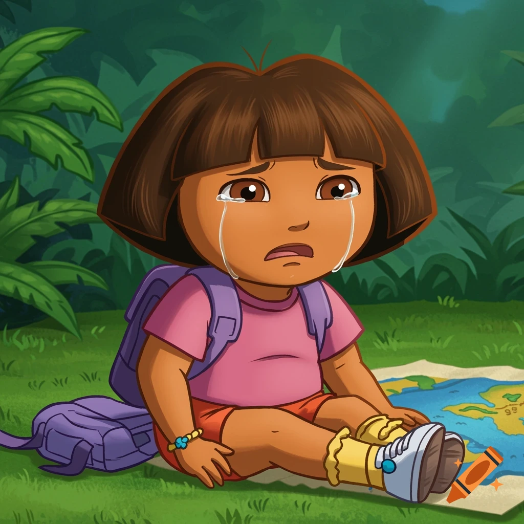 Two cartoon characters, one a doctor and the other a child resembling Dora, flexing arms on a ...