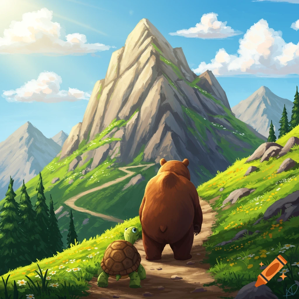 A cartoon illustration of a brown bear and a green turtle walking side ...