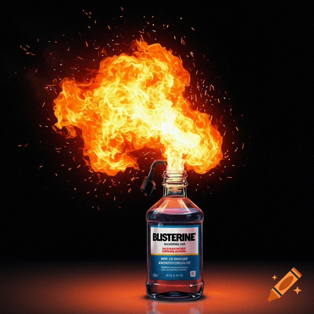 Blisterine bottle with fire spout on Craiyon