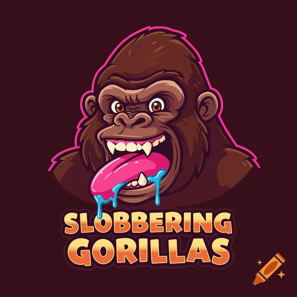 Cartoon gorilla logo with tongue out and slobber, text reads ...