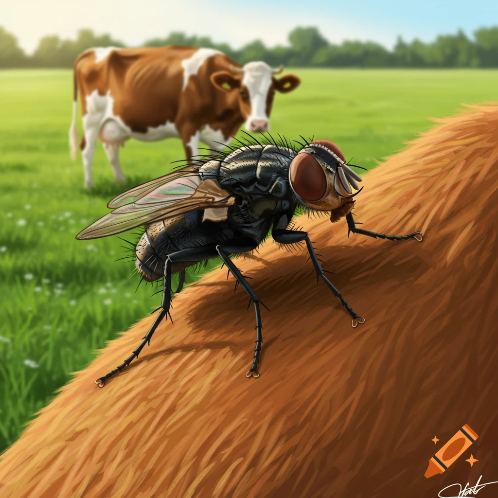 Close-up illustration of a house fly on a fuzzy surface, with a cow in ...