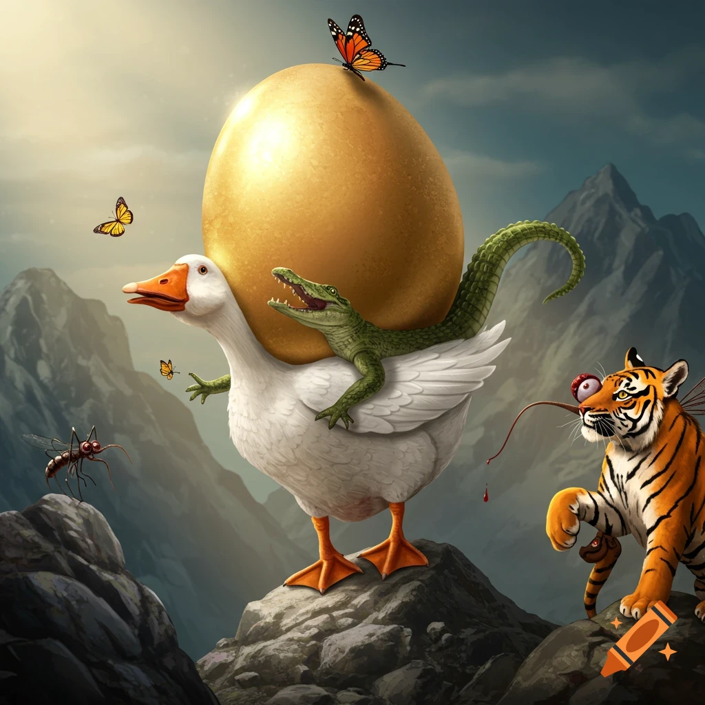 Silly goose with golden egg, alligator tail, woodpecker beak balancing ...