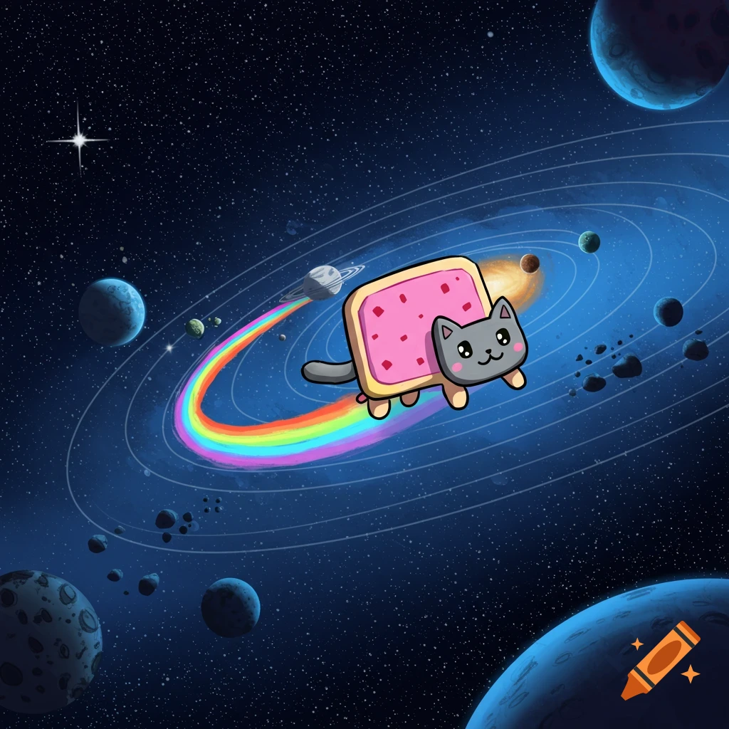 Cartoon Nyan Cat flying through space leaving a rainbow trail ...