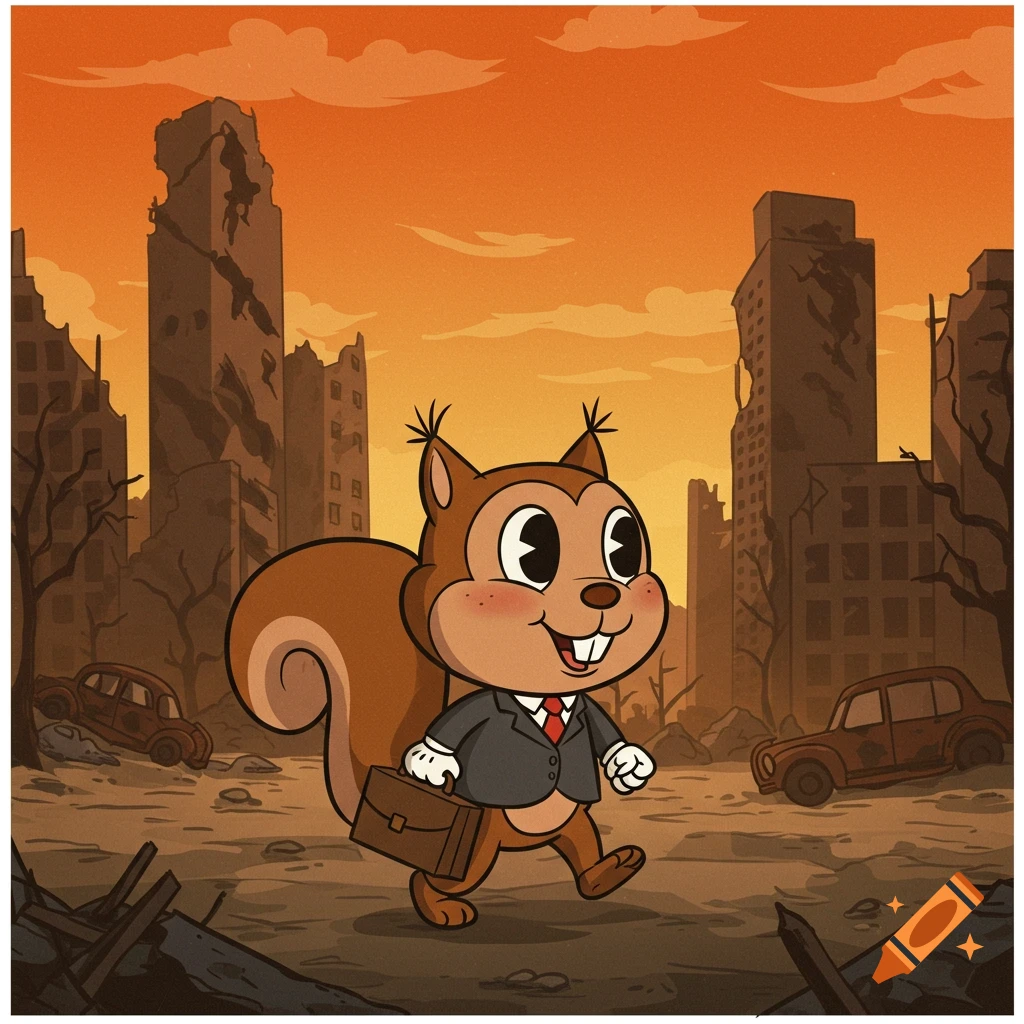 Cute 1920s cartoon squirrel in suit walks through ruined city landscape ...