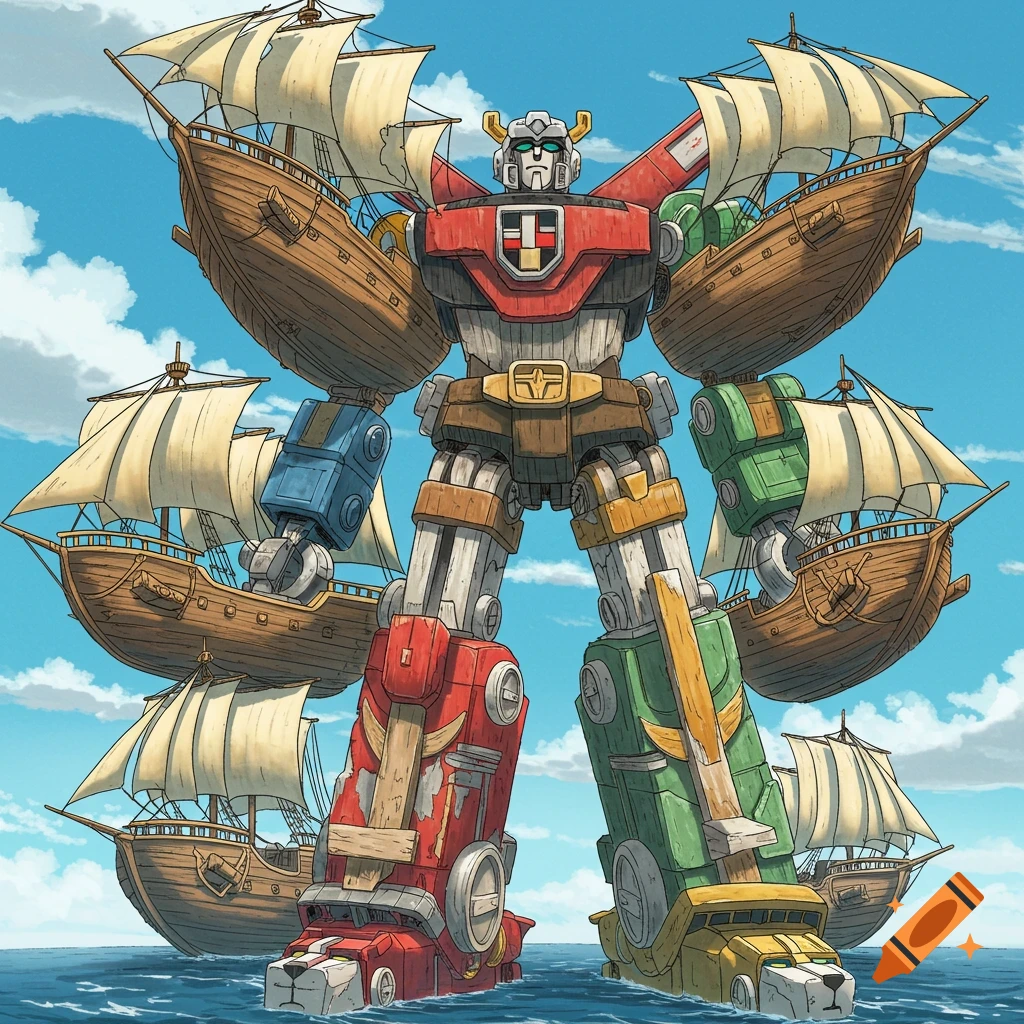 An illustration of a giant robot made of wooden sailboats standing in ...