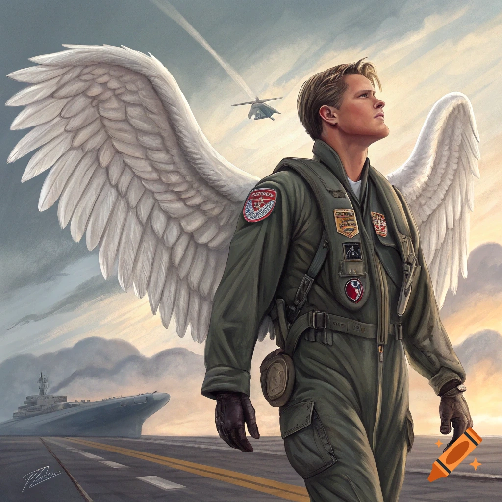 Val Kilmer as Iceman from Top Gun with angel wings on Craiyon