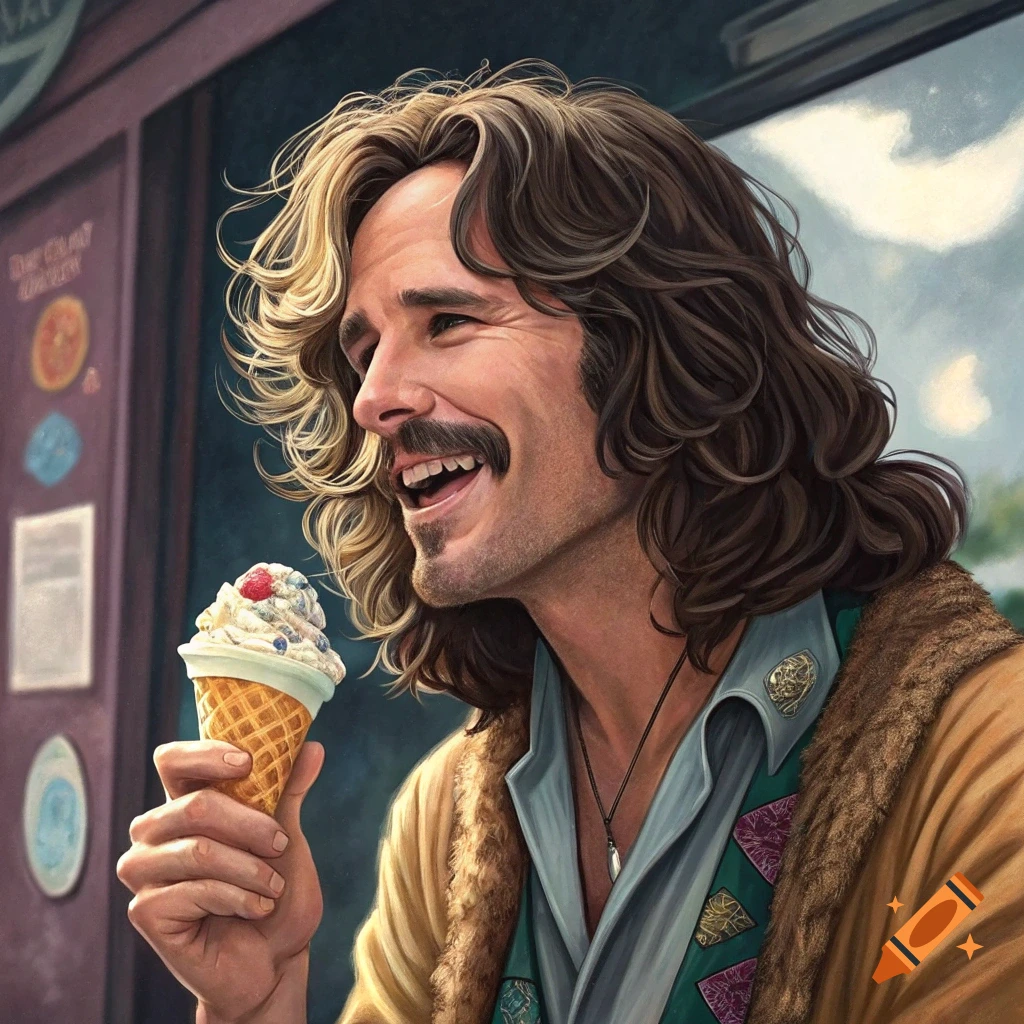 A man resembling Jim Morrison smiles while eating an ice cream cone. on ...