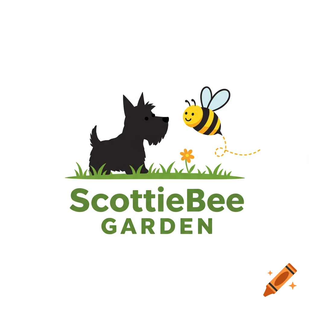 Logo for ScottieBee Garden featuring a black Scottie dog, a bee, grass ...