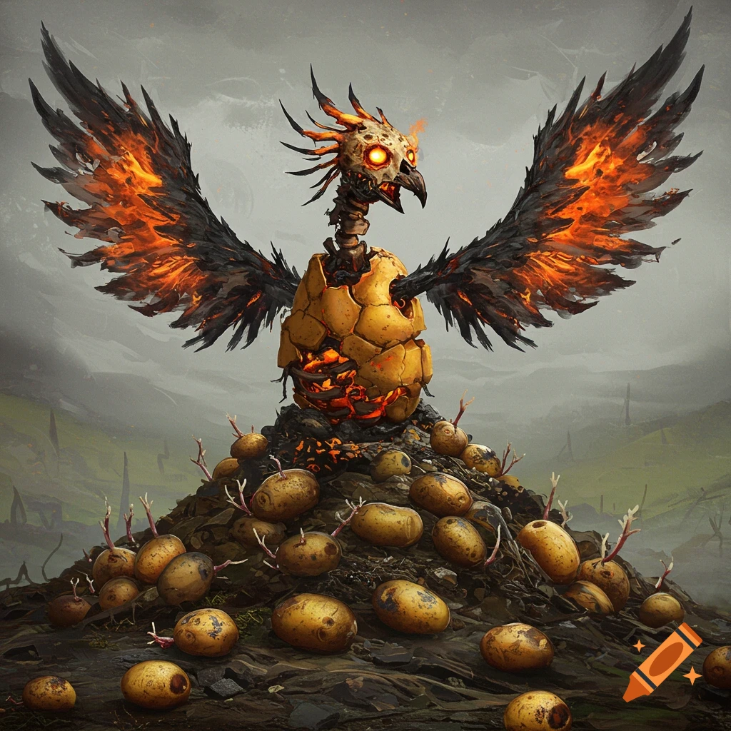 A creature made of a potato with phoenix wings and head stands in a ...
