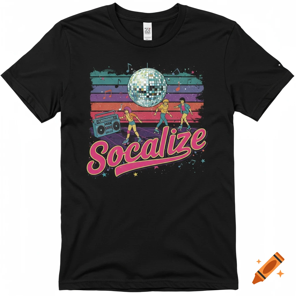 80s retro t-shirt design with roller rink, skaters, boombox, and neon ...