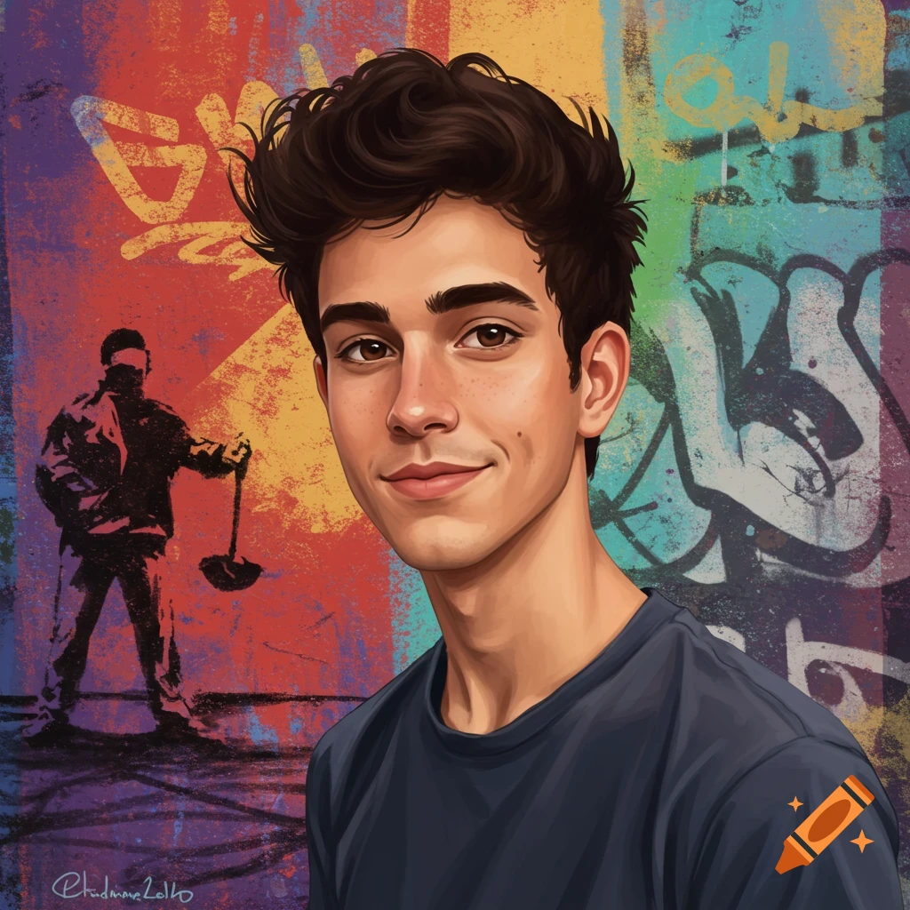 Portrait of a young man smiling against a colorful graffiti wall with a ...