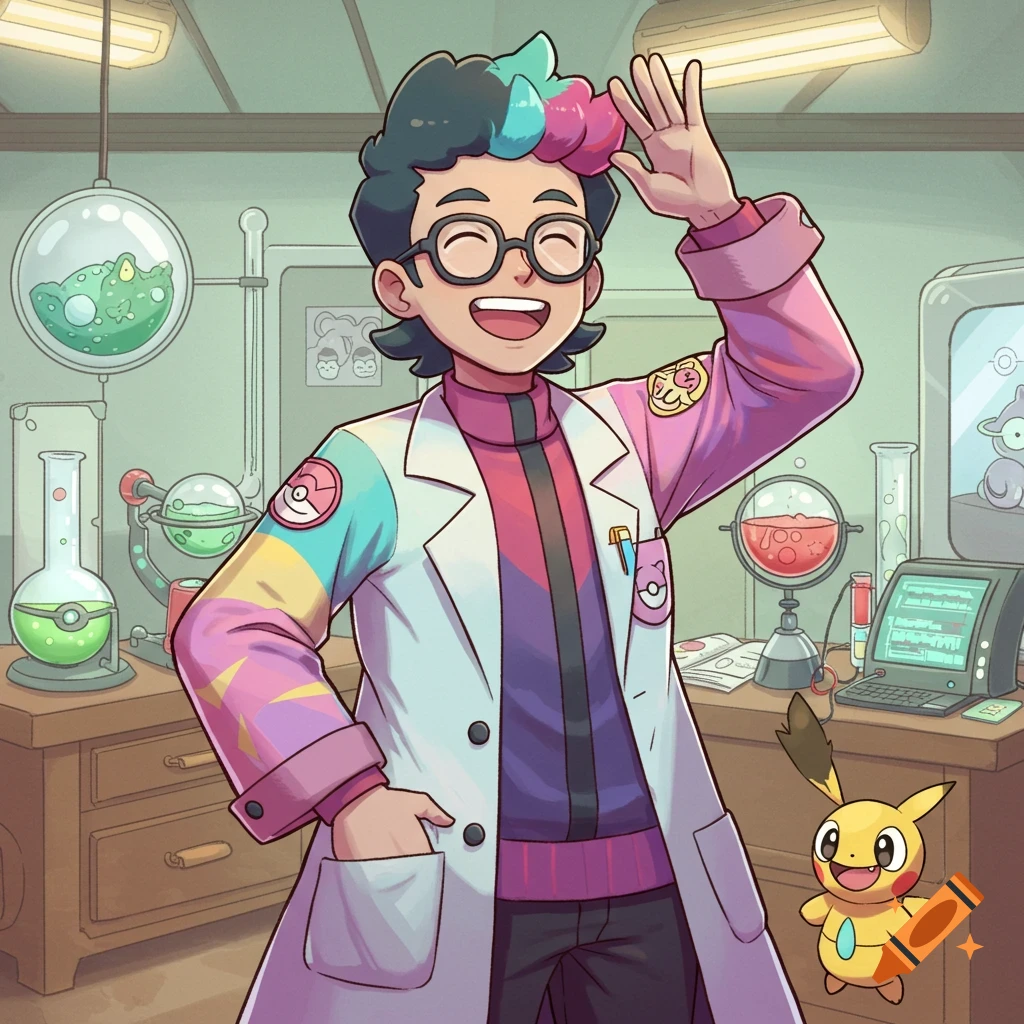 Pokemon style art of a professor from Pokemon on Craiyon