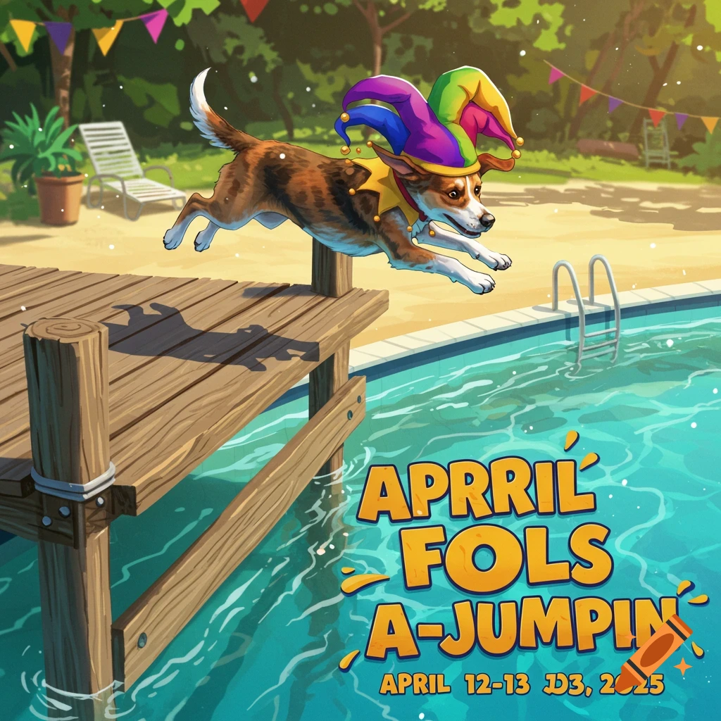 Dog wearing jester hat jumping into a pool with "April Fools" text on ...