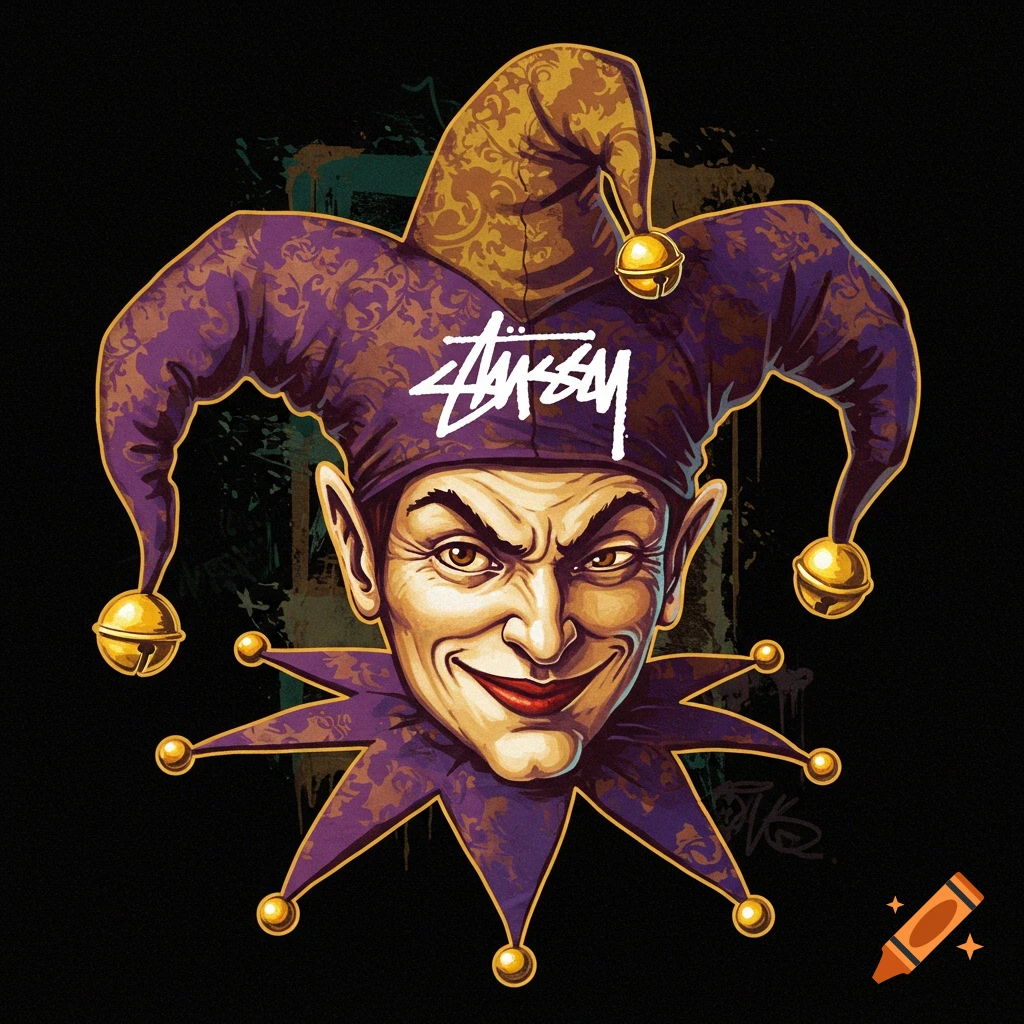 Illustration of a jester head wearing a purple and gold hat with bells ...