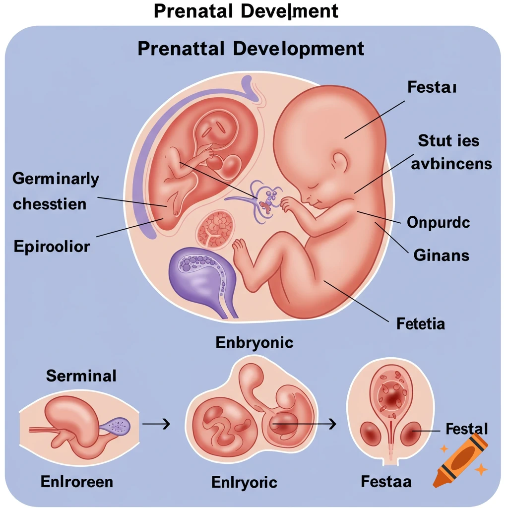 Simplified illustration of germinal, embryonic, and fetal stages of prenatal development. on Craiyon