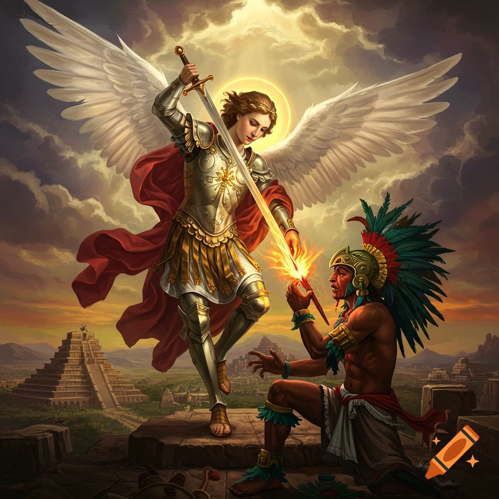 An angelic figure with a flaming sword faces an indigenous warrior ...