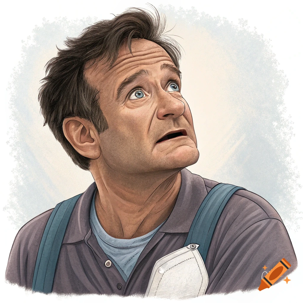 Caricature of Robin Williams looking confused and looking up. on Craiyon