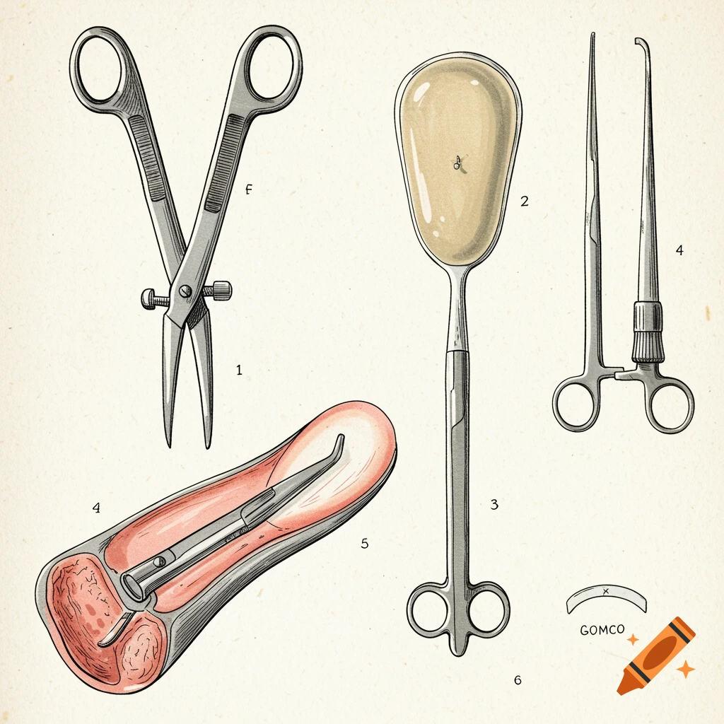 Artistic drawing of various surgical tools and a cross-section of ...