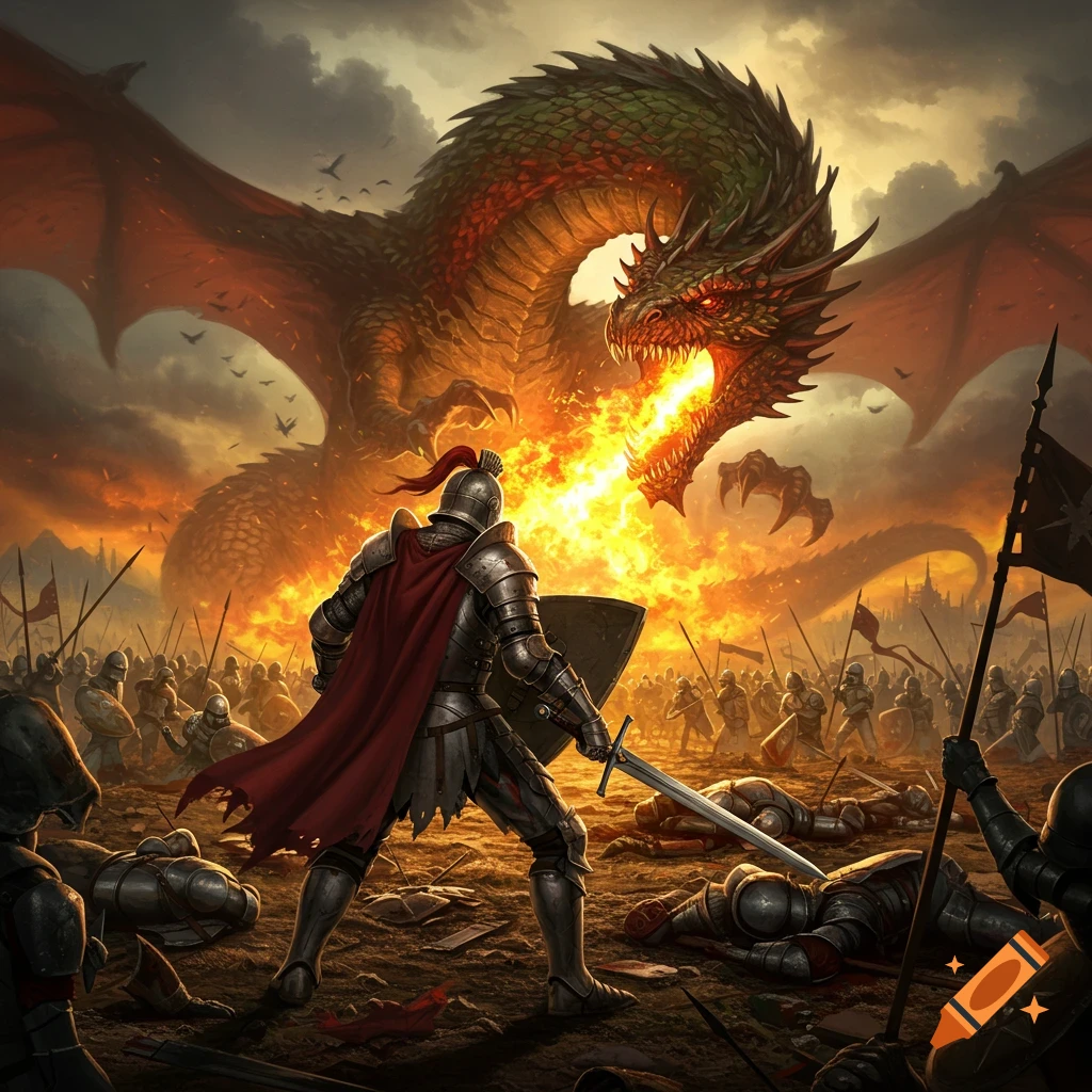 A knight battles a fire-breathing dragon on a crowded battlefield. on ...