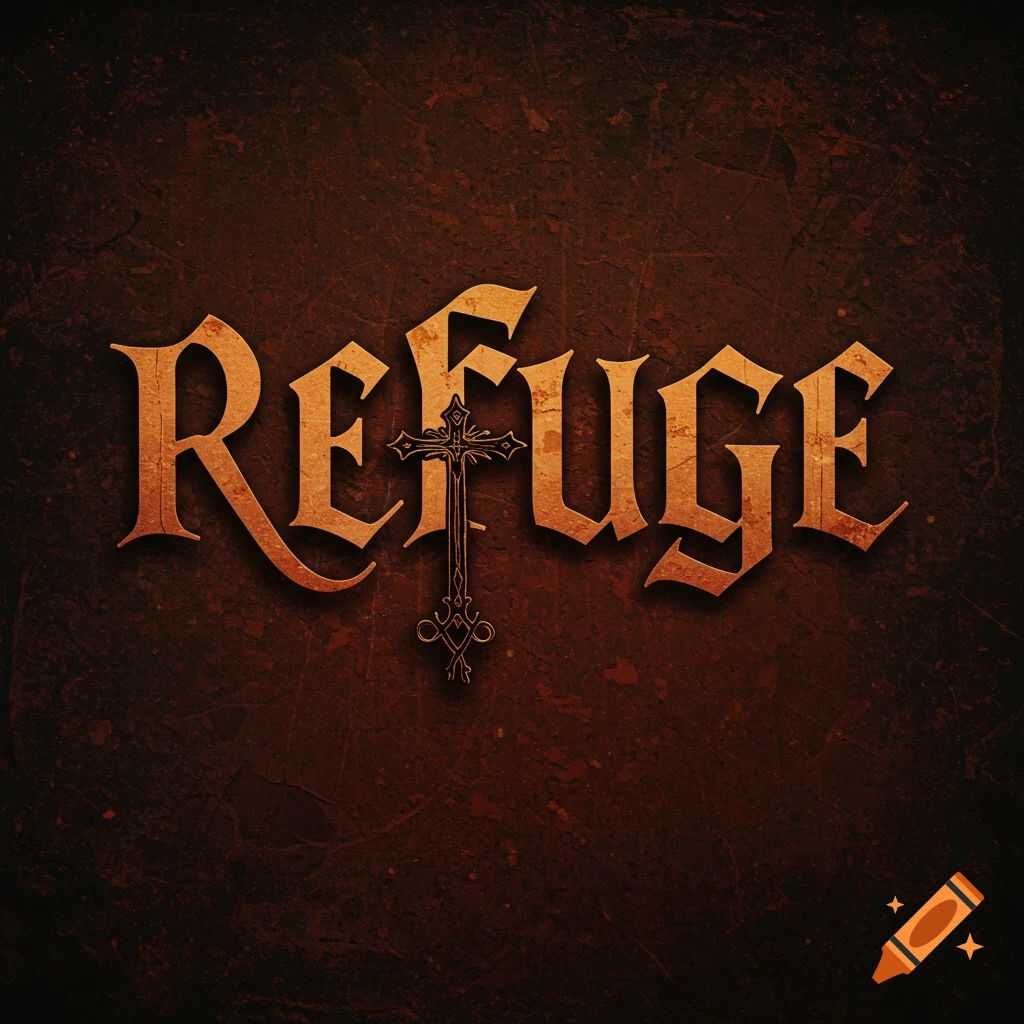 Stylized word REFUGE with a cross for the F on a dark background. on ...