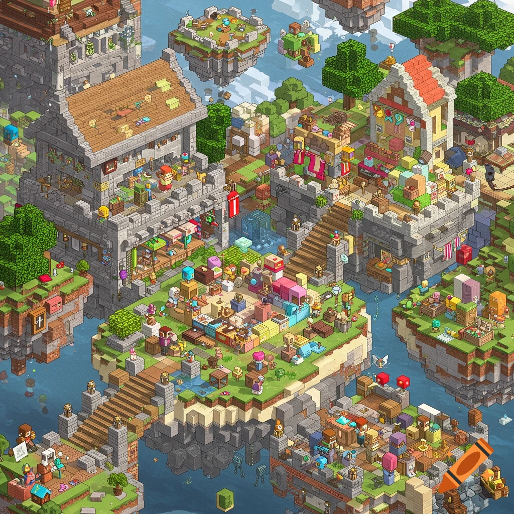 A vibrant, detailed isometric pixel art map of a video game world with ...