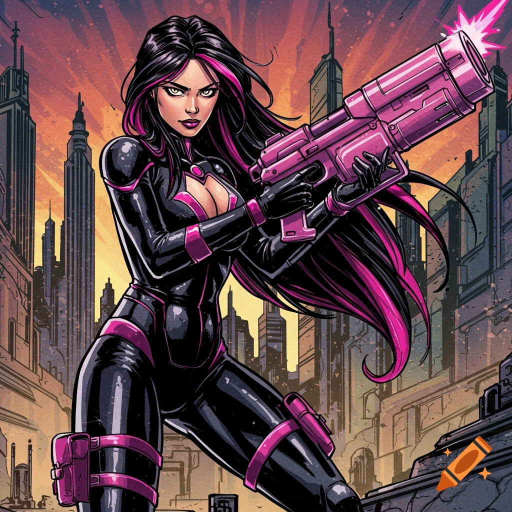Comic book illustration of a female superhero with black hair and pink ...