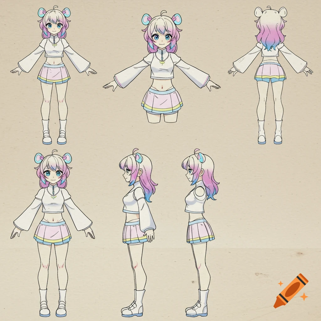 Anime girl prototype turnaround illustration on Craiyon