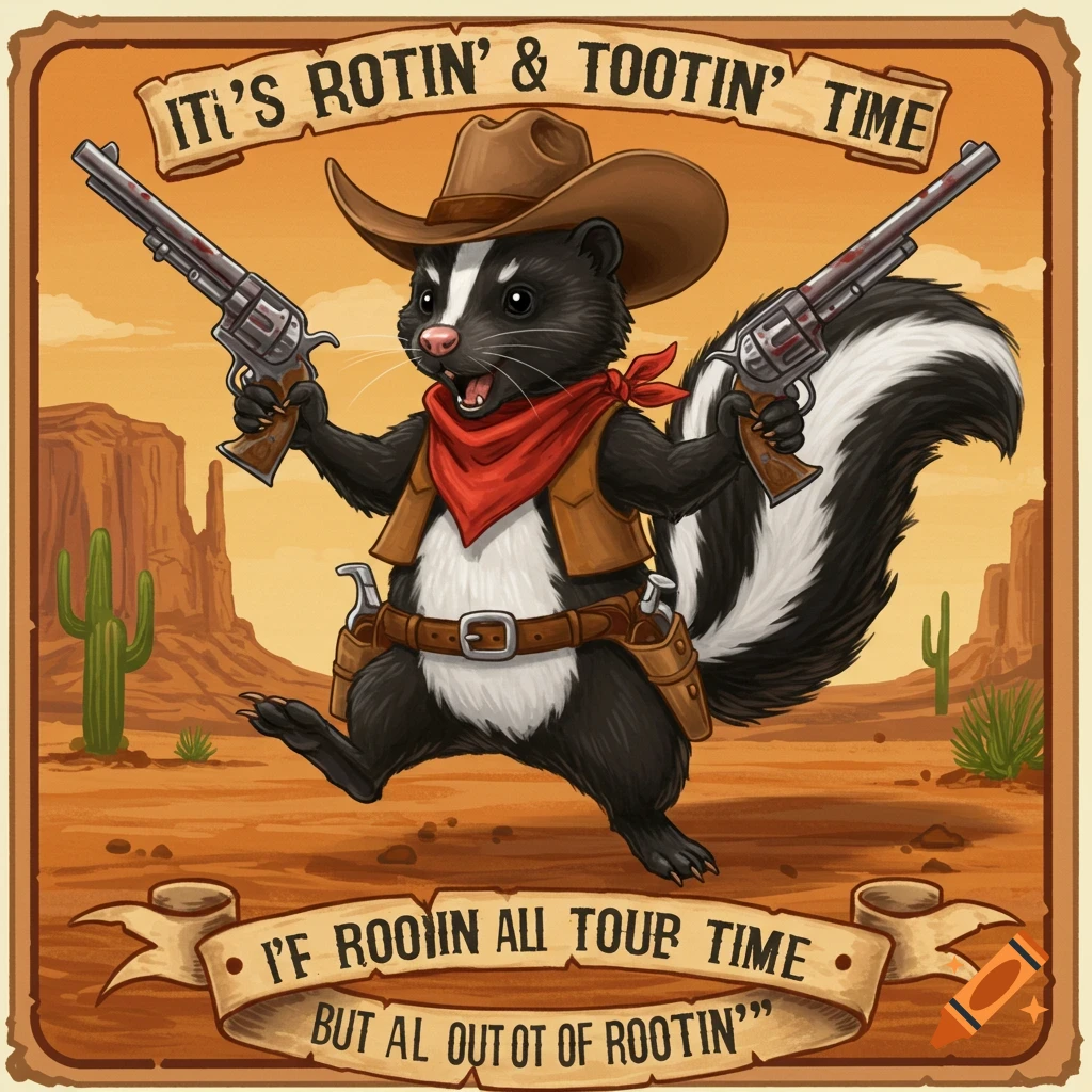 Cowboy skunk with a humorous text quote. on Craiyon