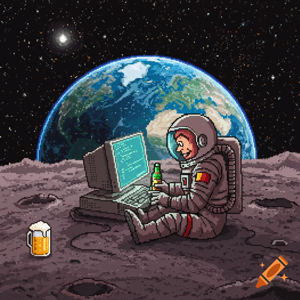 Retro 16-bit video game image of an astronaut coding on the moon with ...