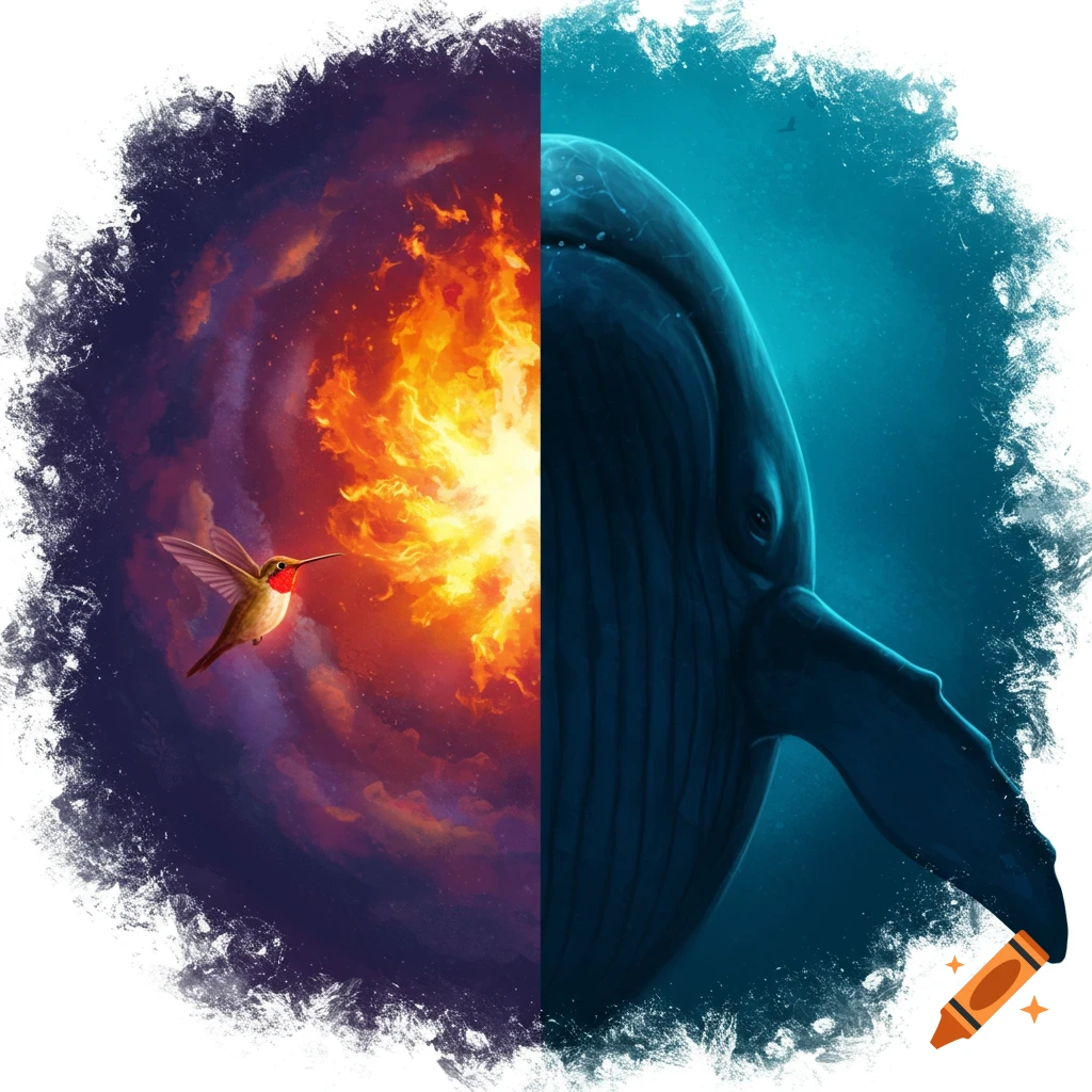Hummingbird heart glowing like fireball next to massive blue whale ...