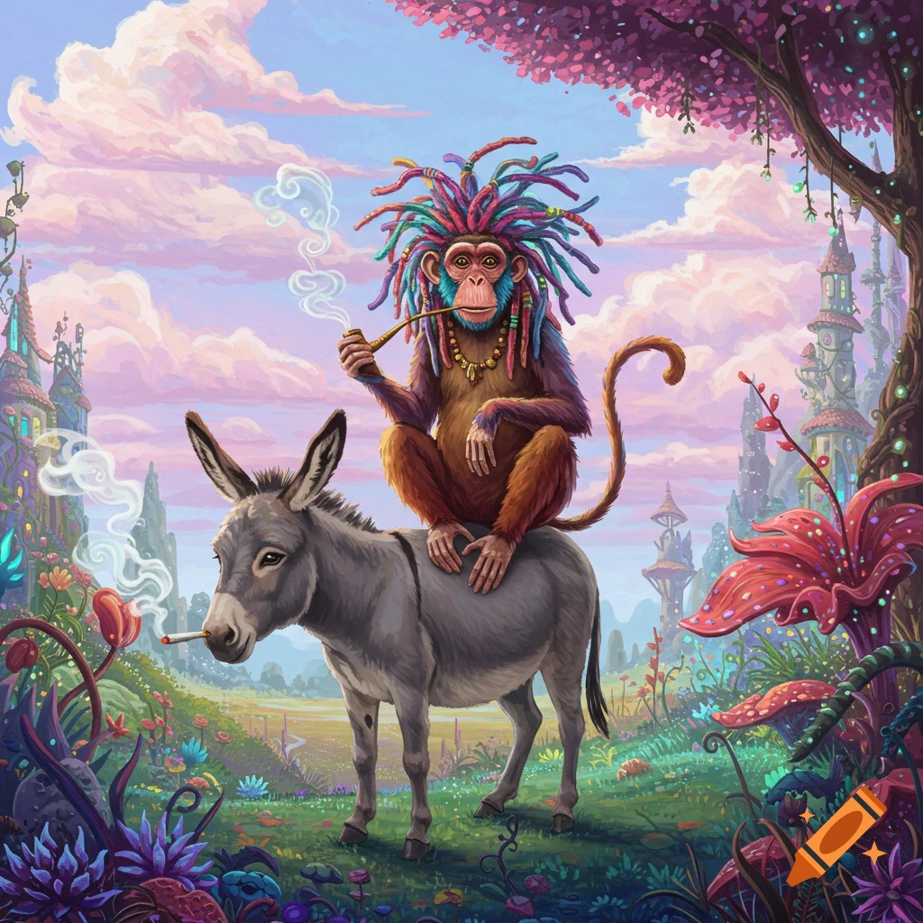 Monkey with dreads smoking, riding a donkey in a utopia on Craiyon