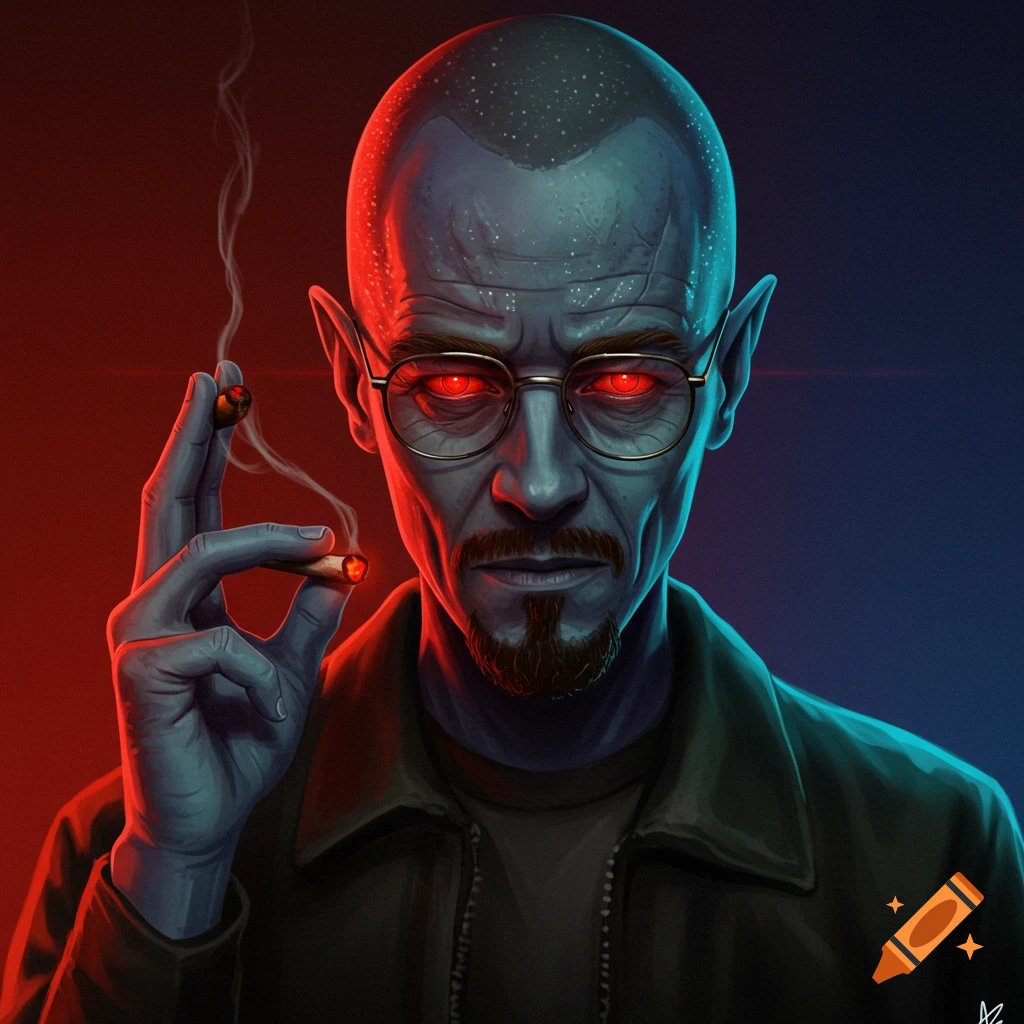 Avatar with red eyes holding a lit joint, Breaking Bad meets Rick and ...