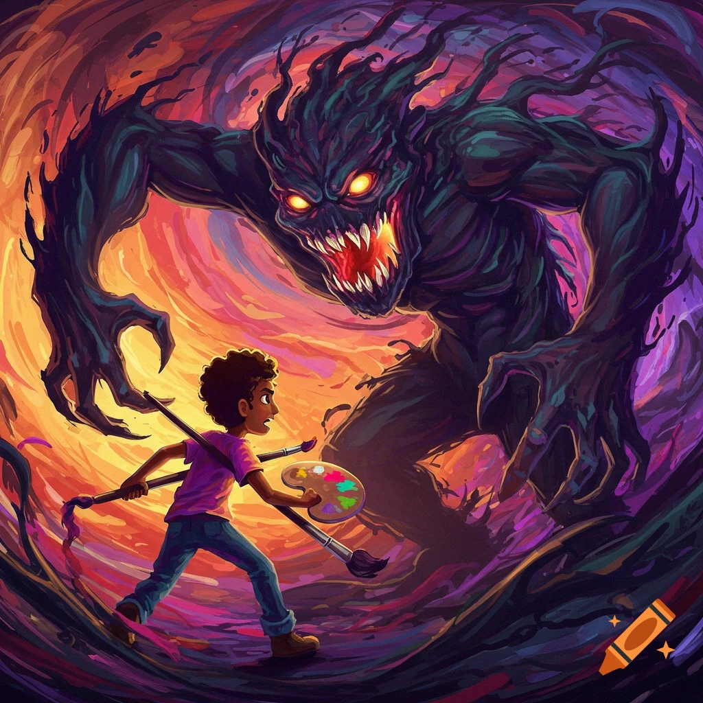 Hand-drawn art depicting procrastination as an artist's enemy on Craiyon