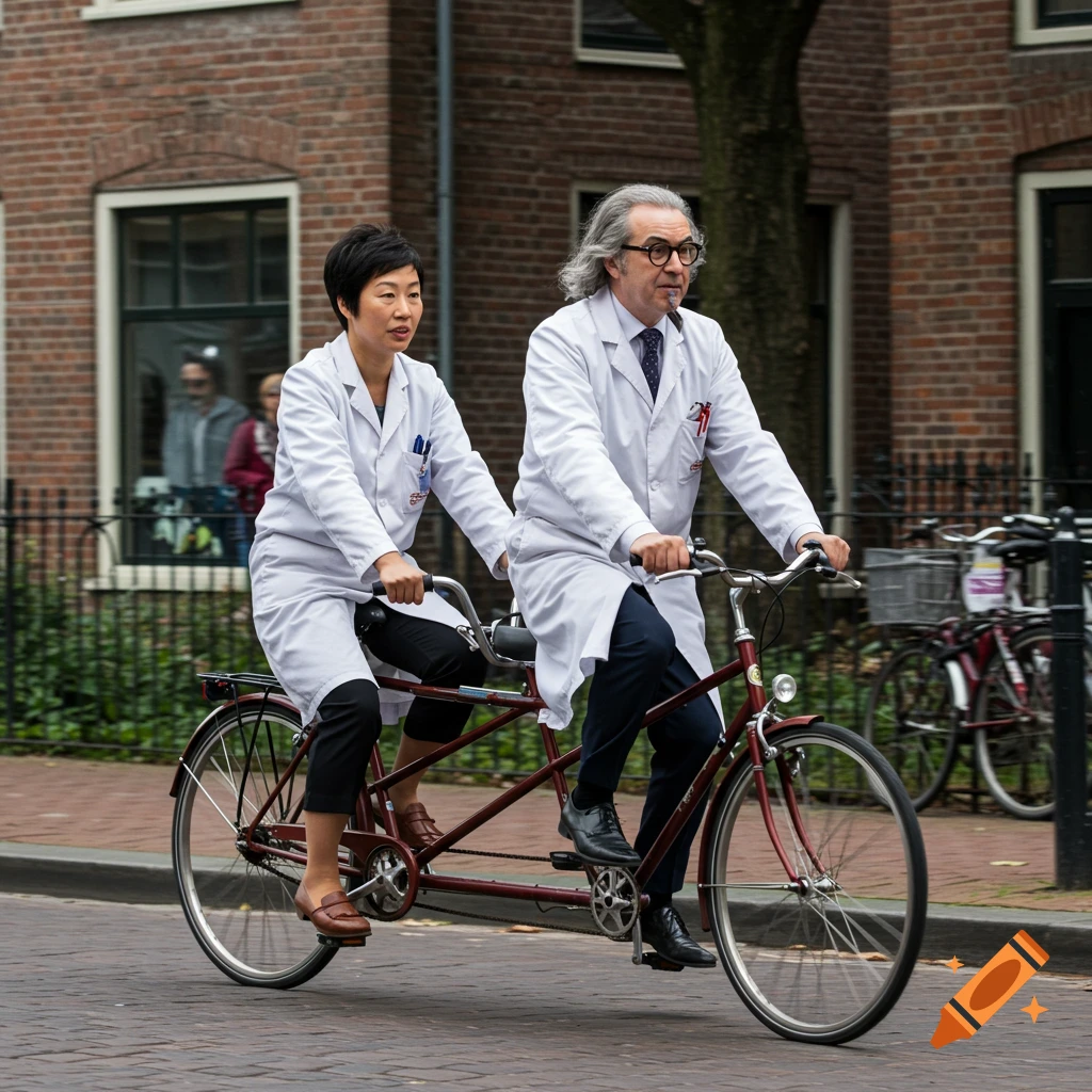Two doctors in lab coats ride a tandem bicycle down a street. on Craiyon