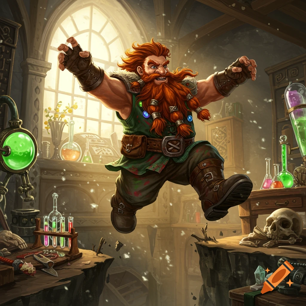 Dwarf engaged in alchemy and arcane engineering in dwarven lab on Craiyon