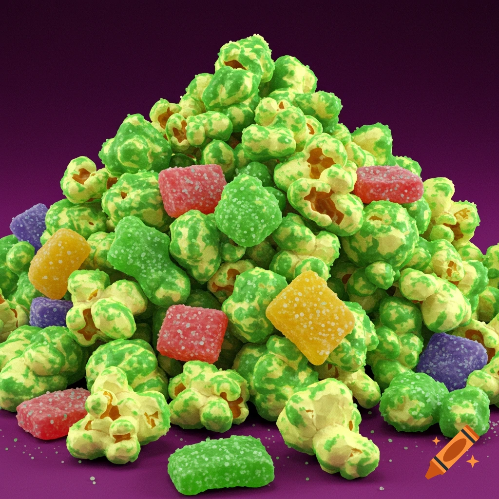 Popcorn with sour powder and Gushers candy on Craiyon