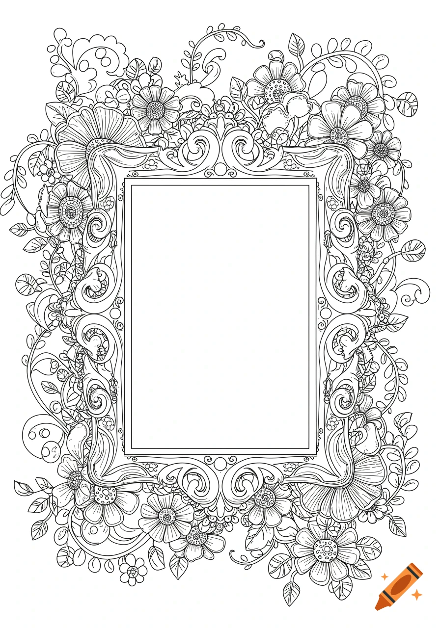 Ornate picture frame with flowers and vines coloring sheet on Craiyon