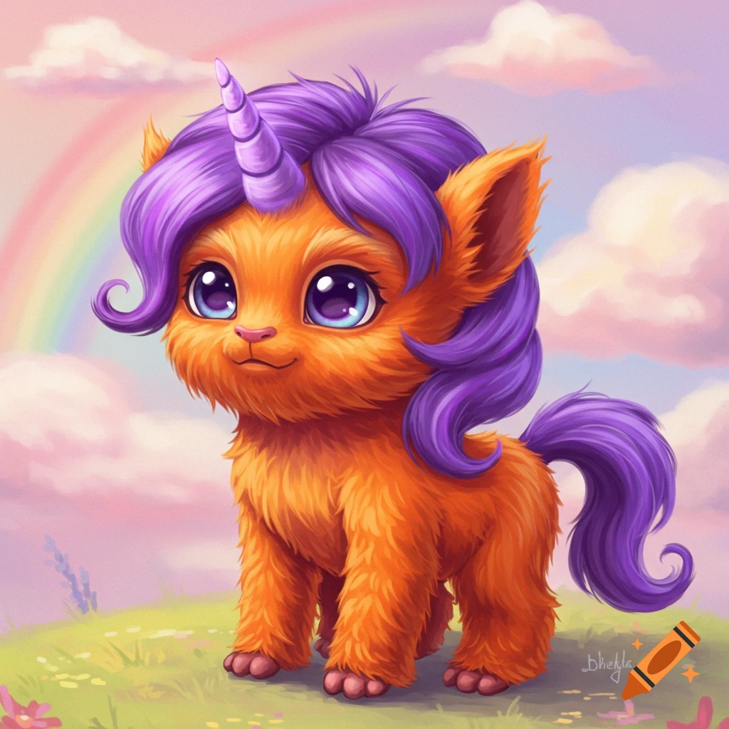 A cute fluffy orange creature with purple mane and horn stands in a ...