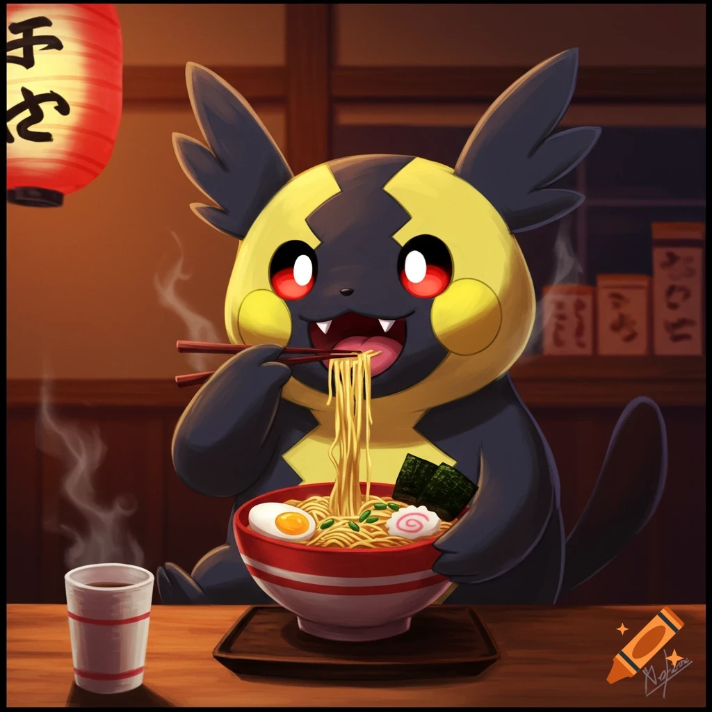 Pokemon Morpeko eating ramen, changing types on Craiyon