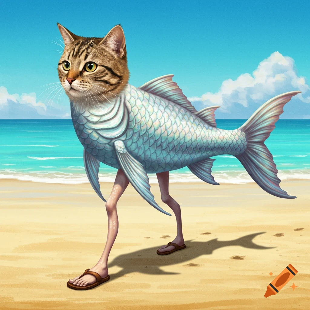 A creature with a cat's head and a fish's body walks on a beach with ...