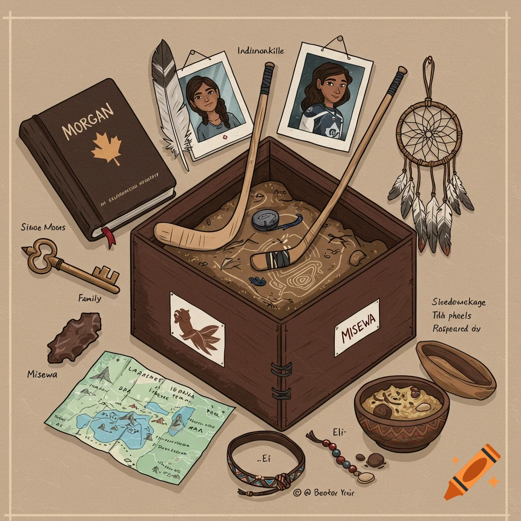 Character box with meaningful objects: notebook, feather, picture ...