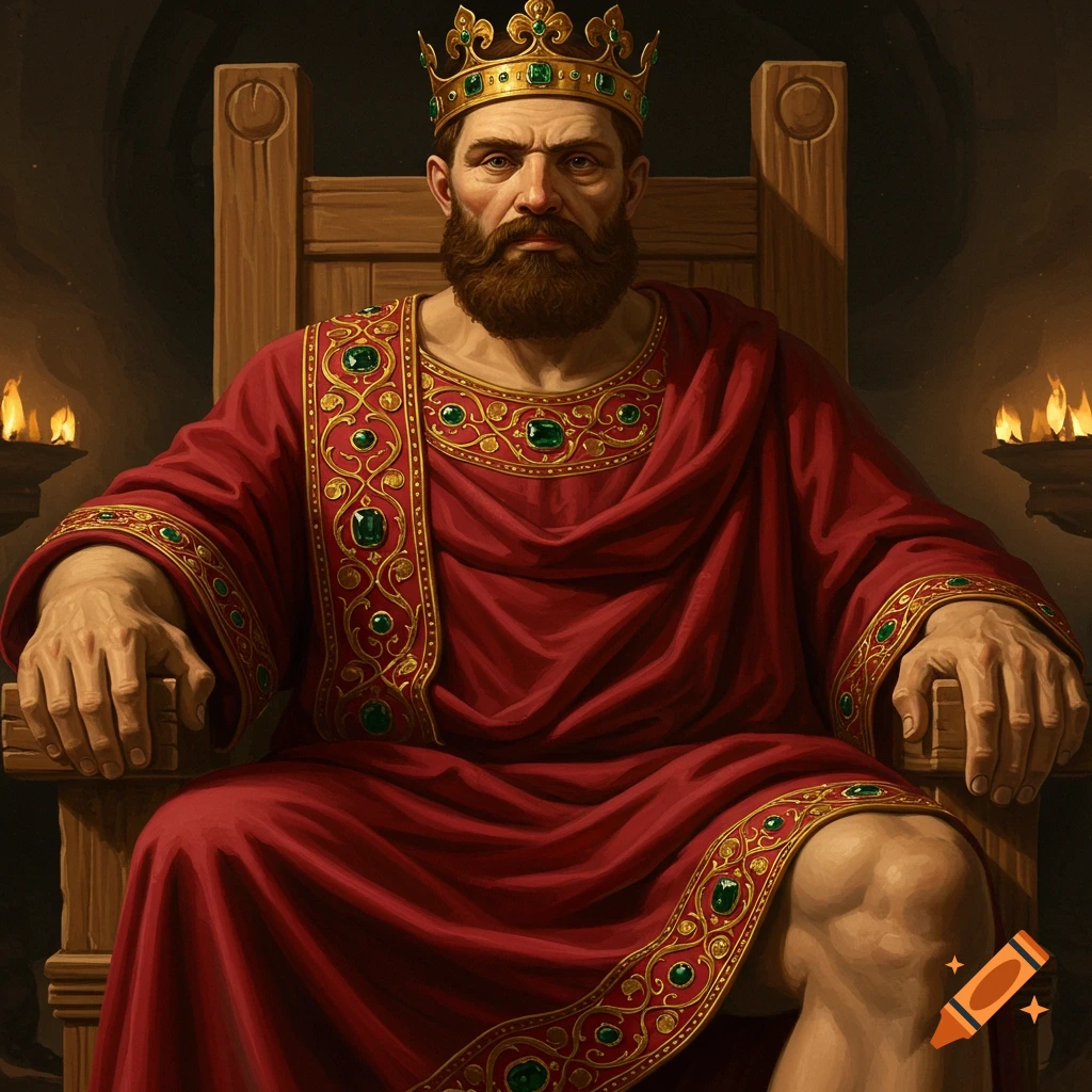 Oil painting of a goliath in a red robe and golden crown sitting in a ...