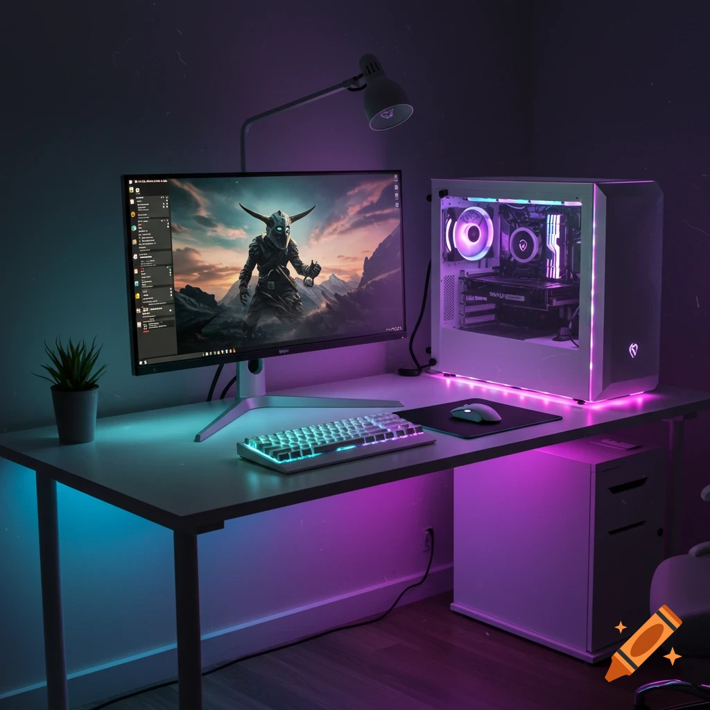 All-white gaming battlestation with LED lights on Craiyon