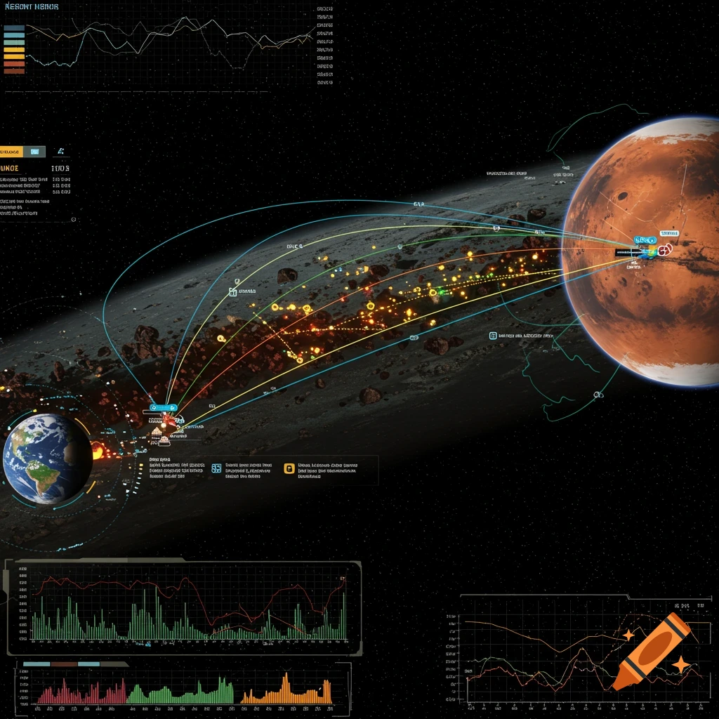 Interplanetary supply routes on a tactical monitoring screen showing ...